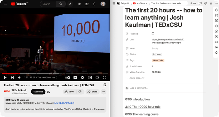 Take Notes on YouTube to Notion using Snipo